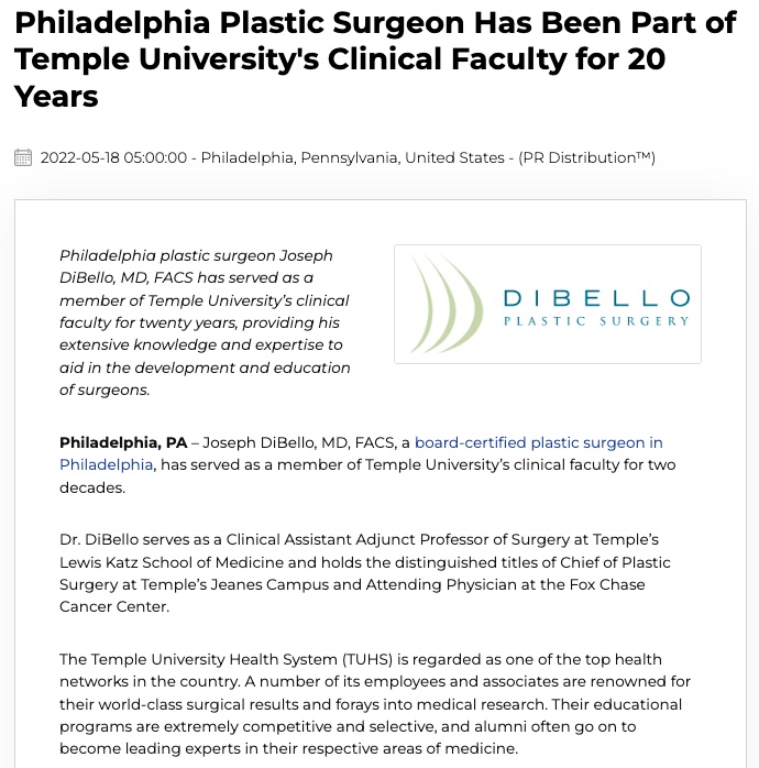 Philadelphia Plastic Surgeon Serves Twenty Years at Temple University
